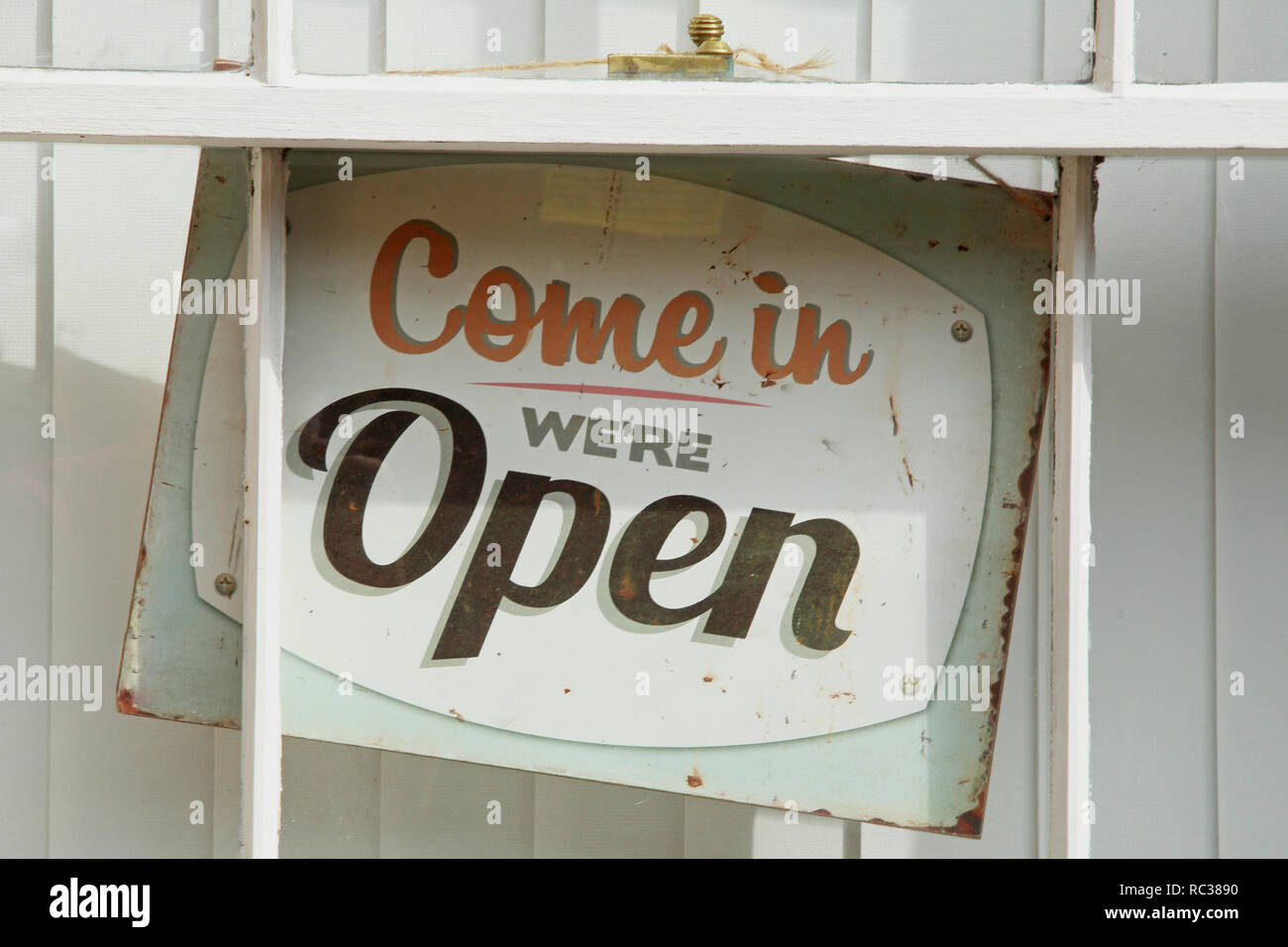 Old window shop sign, open for business Stock Photo - Alamy
