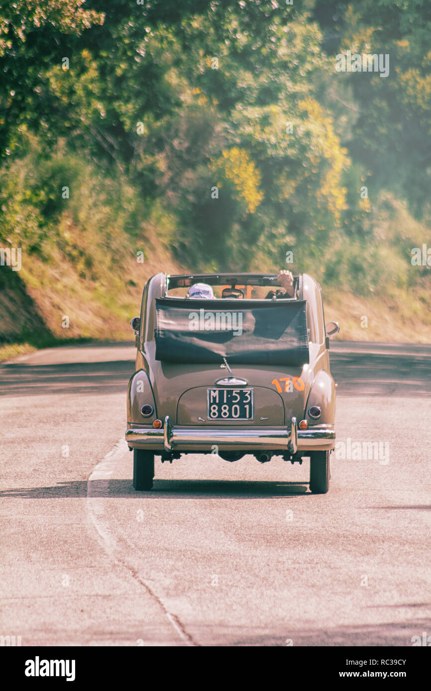FIAT 500 C 1951 on an old racing car in rally Mille Miglia 2018 the ...