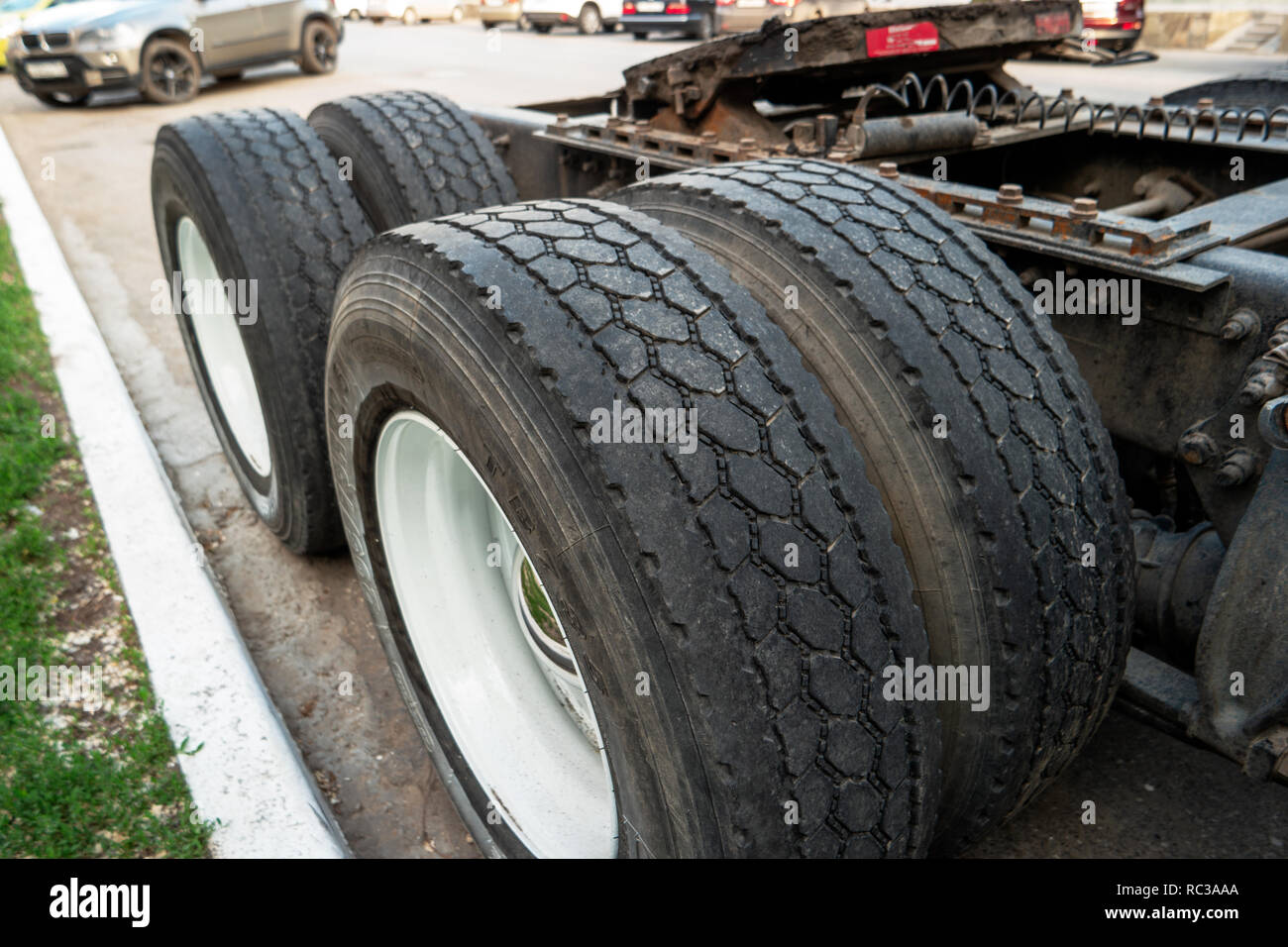 Wheels of track closeup wide angle view Stock Photo - Alamy
