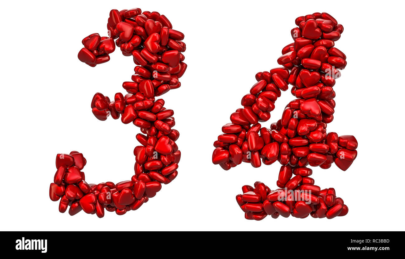 3, 4 numbers from red hearts, 3D rendering isolated on white background ...