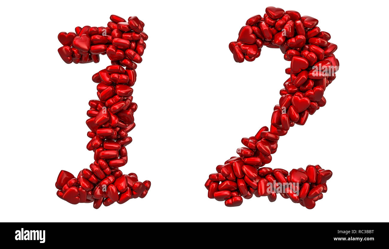 1, 2 numbers from red hearts, 3D rendering isolated on white background ...