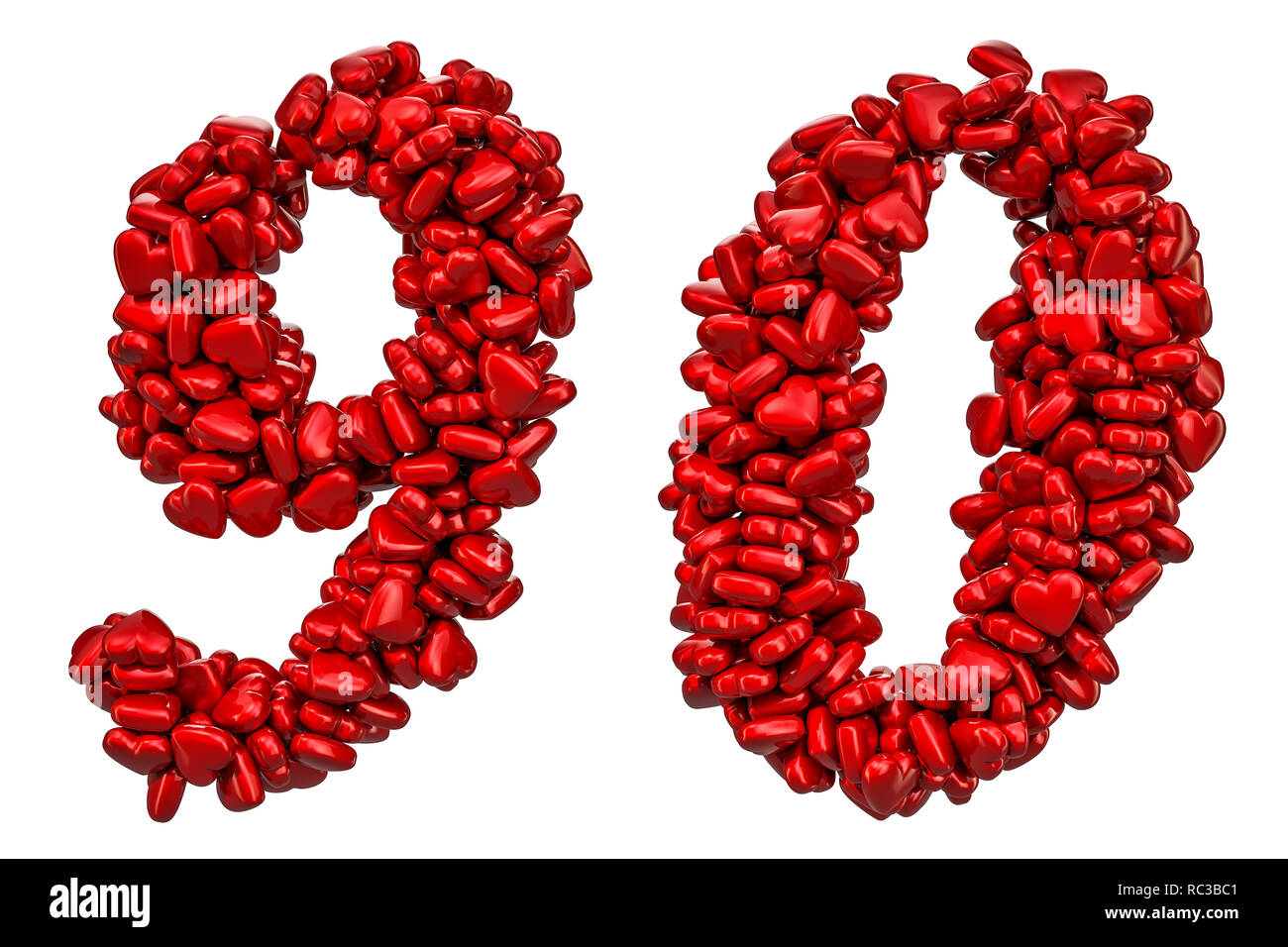9, 0 numbers from red hearts, 3D rendering isolated on white background ...