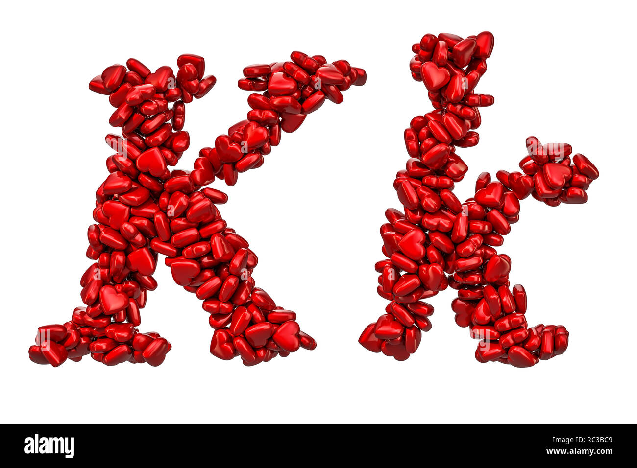 Cursive letter K from red hearts, capital and small letters. 3D ...