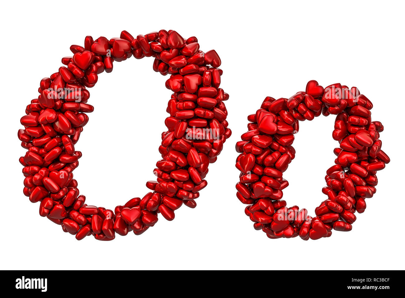 Cursive letter O from red hearts, capital and small letters. 3D ...
