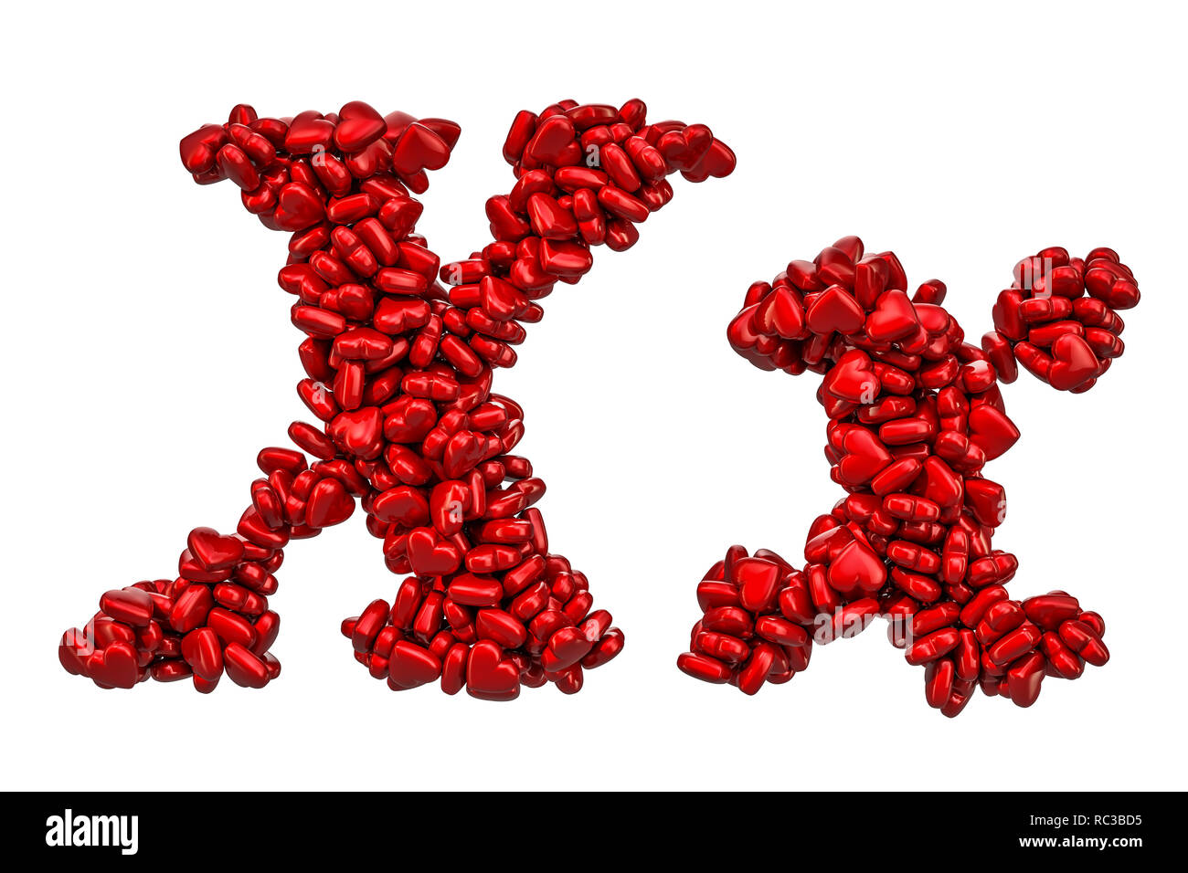 Cursive letter X from red hearts, capital and small letters. 3D ...