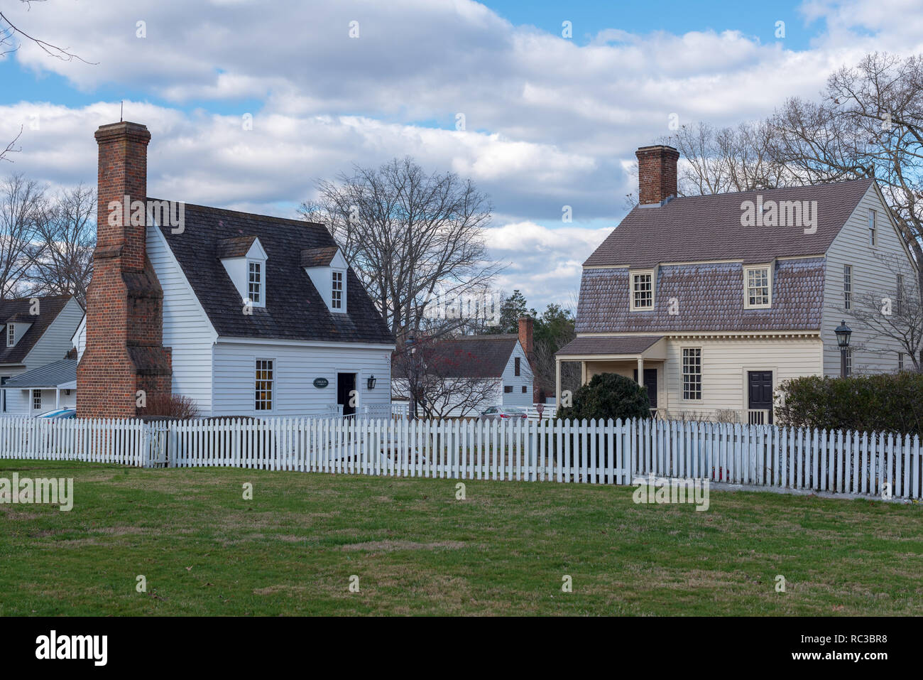 Williamsburg, VA, USA -- January 9, 2019. Reconstructed colonial homes ...