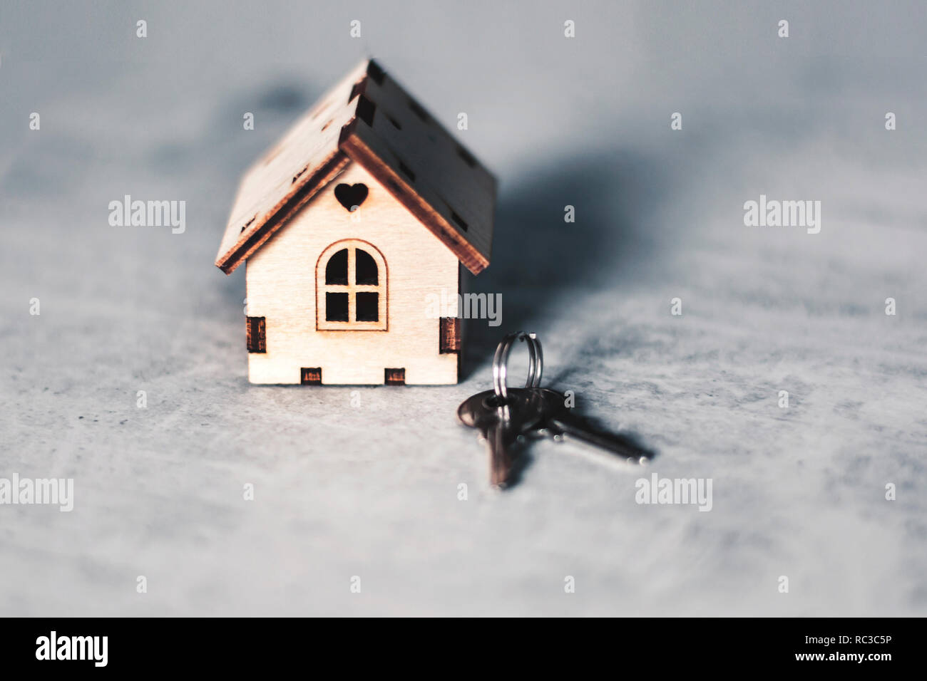 Model of a wooden house with a lock and keys on a gray background ...
