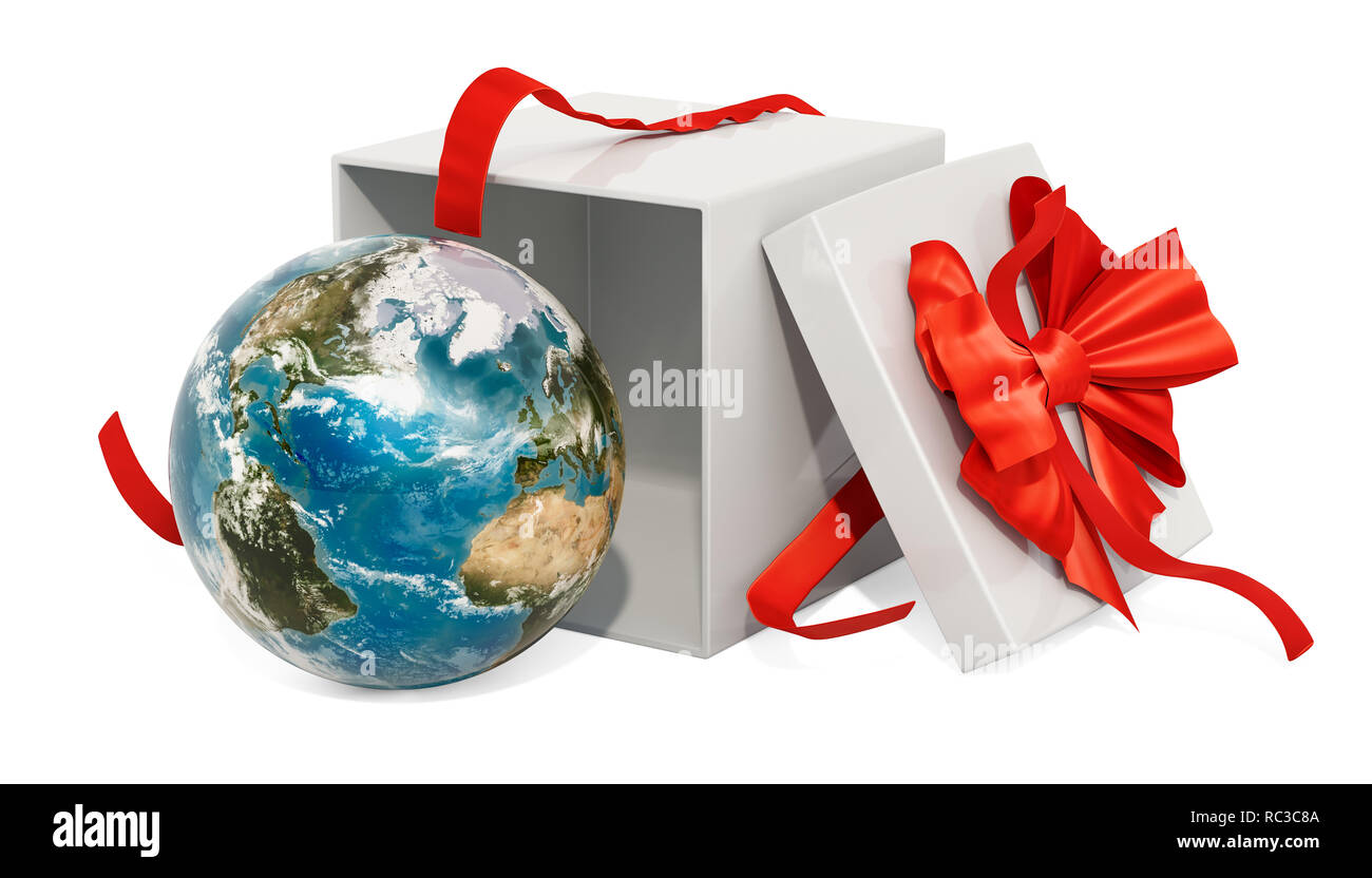 Gift box with Earth Globe, 3D rendering isolated on white background ...