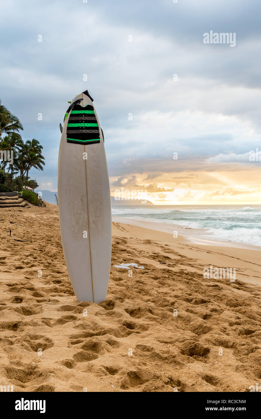Surfboard In Sand And Sunset