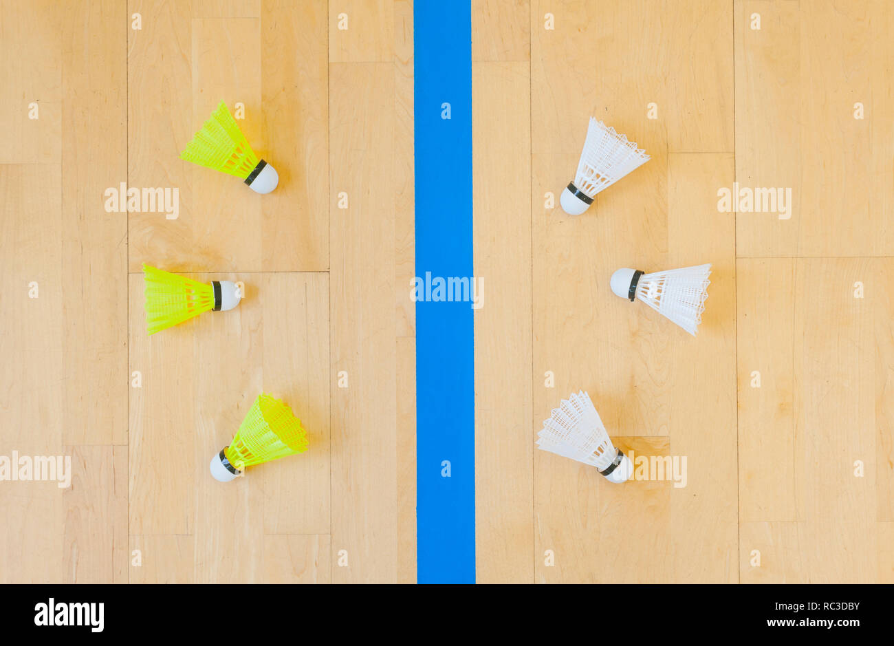 White and yellow badminton shuttlecocks and blue line on hall floor at ...