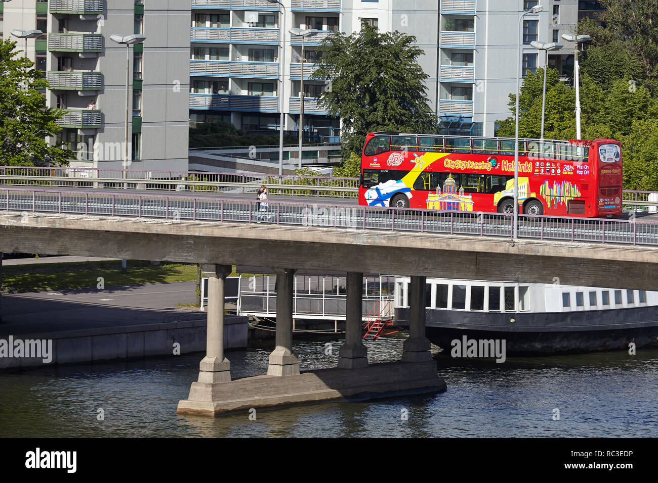 Helsinki, Finland - July 15, 2017: Tourists in the sightseeing tour bus ...