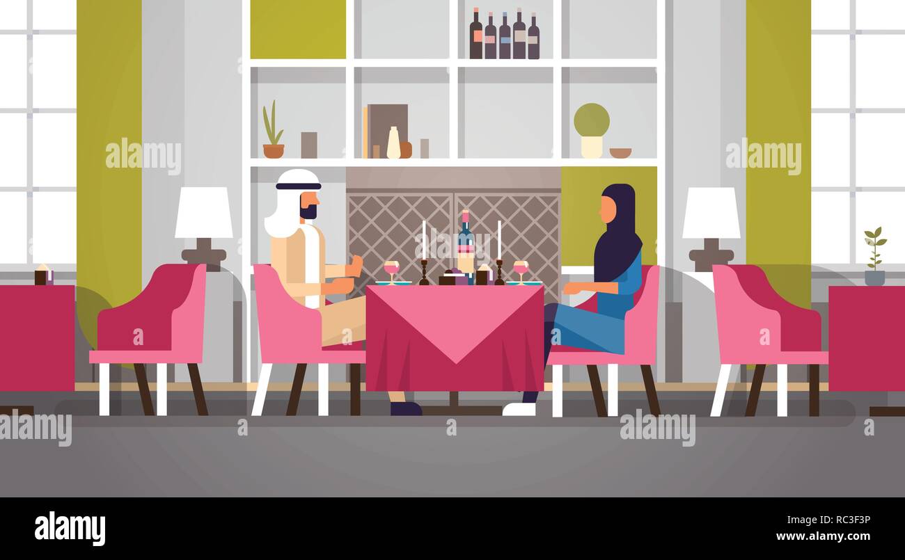 arabic couple sitting cafe table romantic dinner happy valentines day ...