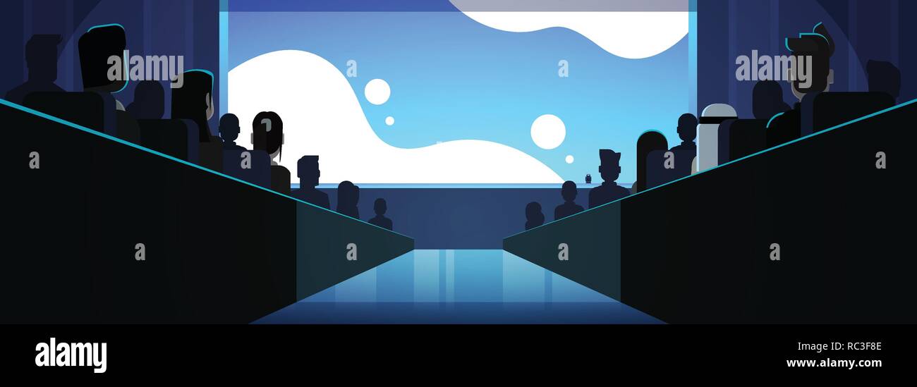 people group sitting cinema rows back rear view mix race crowd watching ...