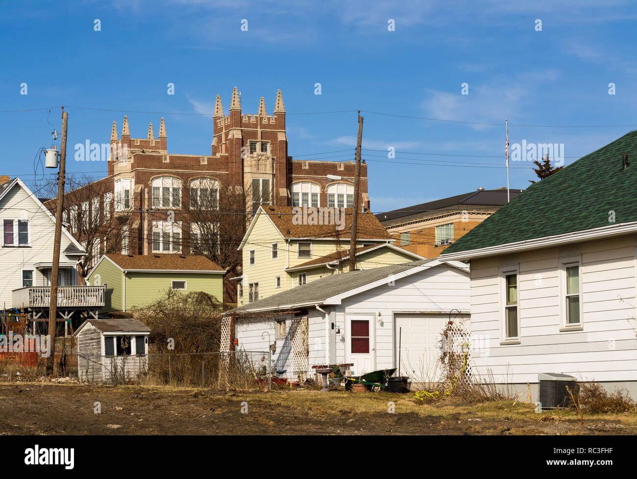 Midwest town with old High School and beautiful blue skies in ...