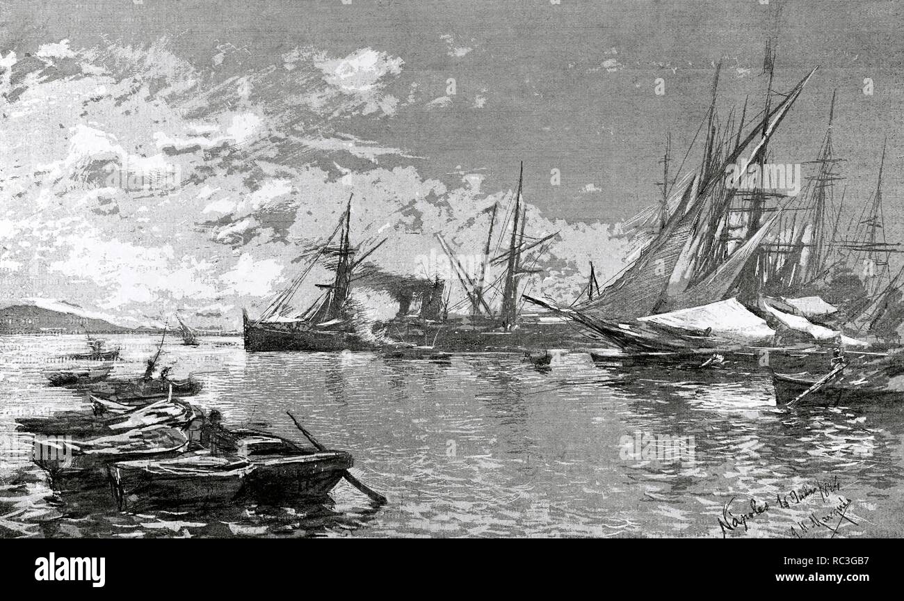 Italy. Port of Naples. Drawing by Jose Maria Garcia (1862-1936). La ...