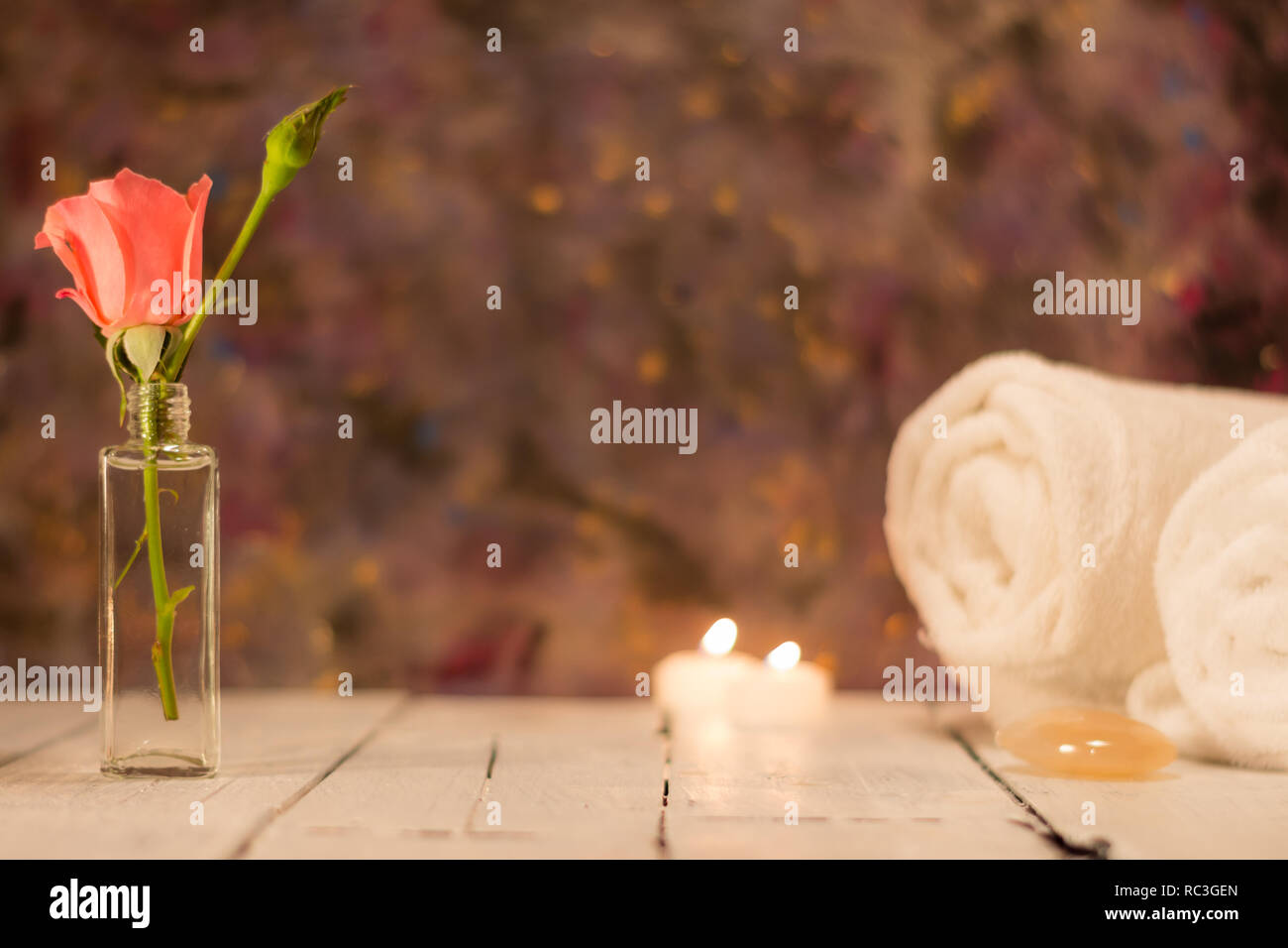 Spa elements on neutral background and white floor. Relaxation and ...