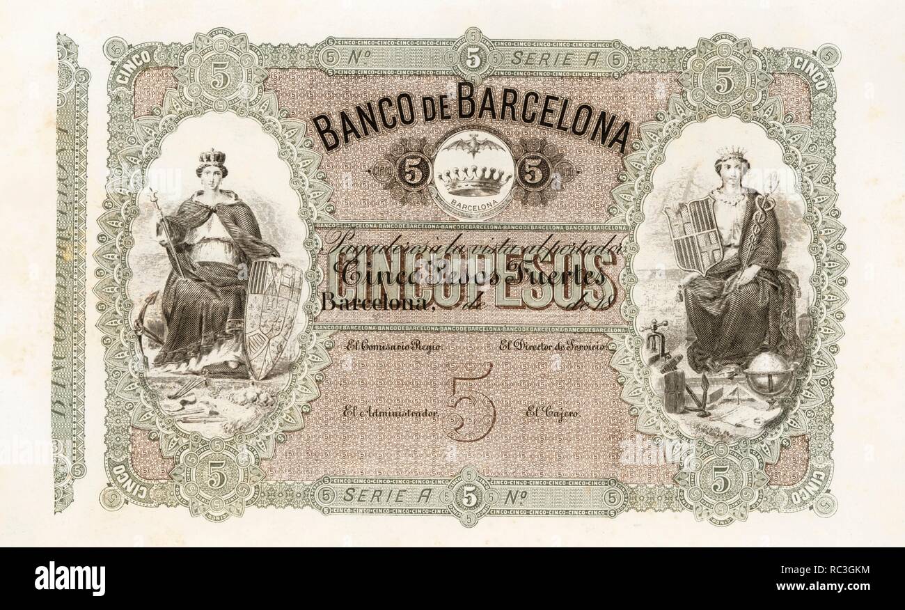 Catalunya. Facsímil de un billete de 5 pesos fuertes, serie A, emisión ...