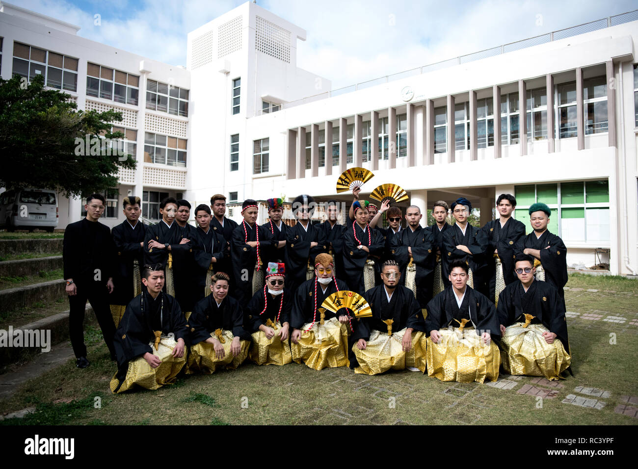NAHA, JAPAN - JANUARY 13: Japanese men in kimonos poses for a ...