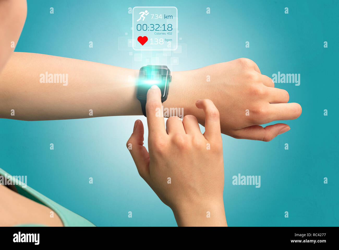 Female hand with smartwatch and running concept above Stock Photo - Alamy