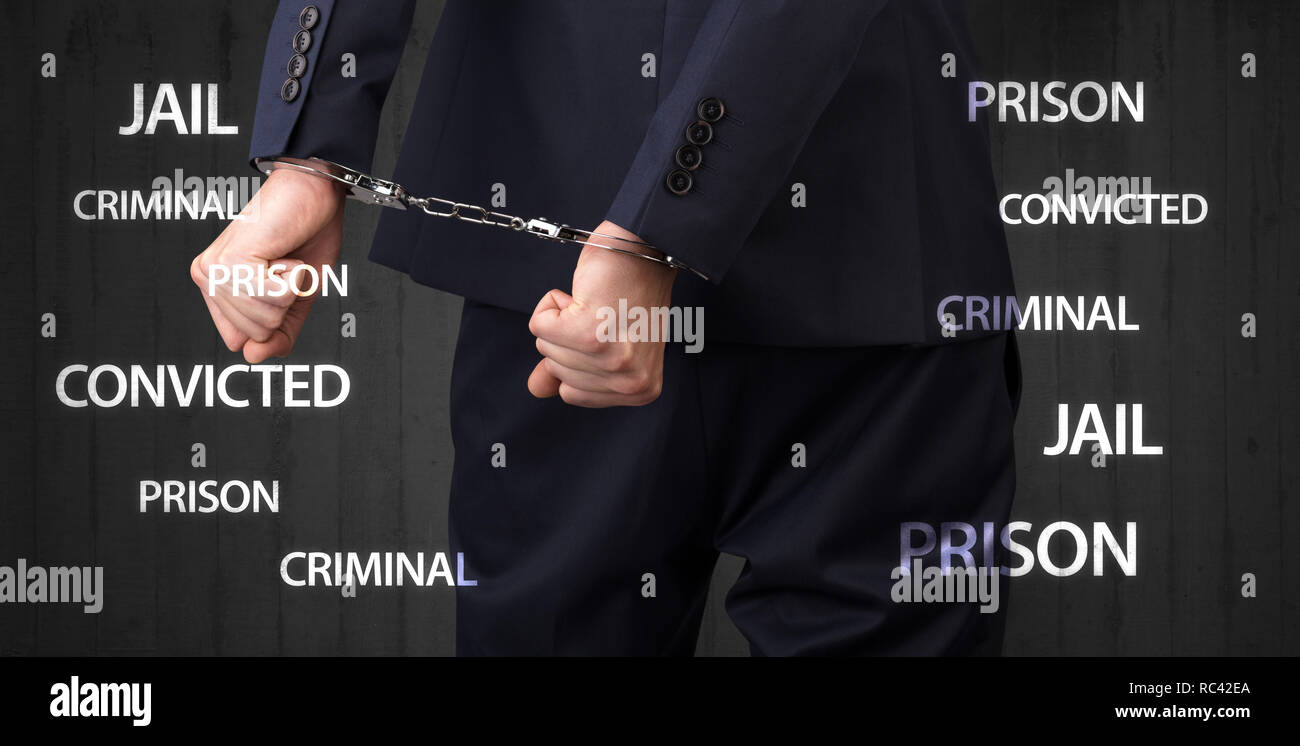 Jail convicted prison criminal labels with close handcuffed man Stock ...