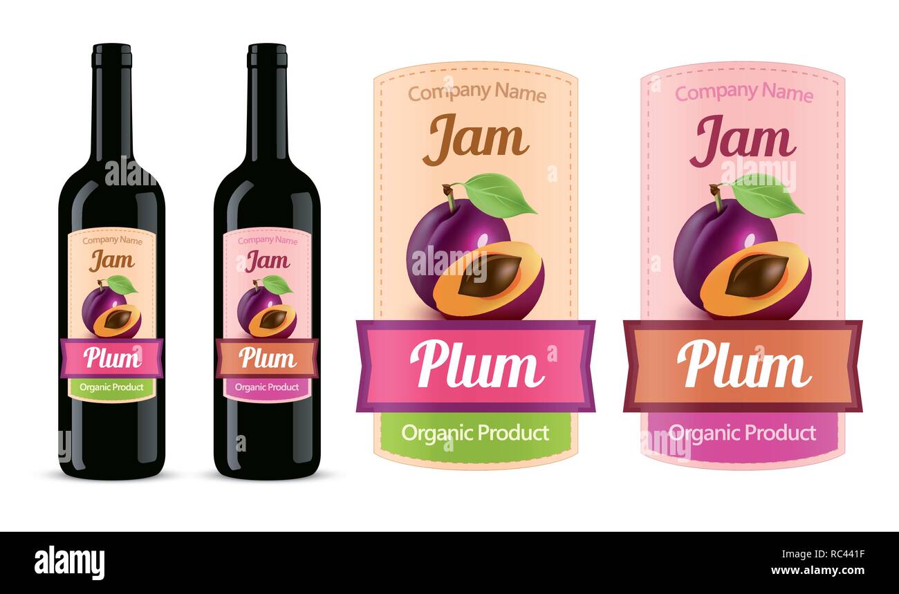Vector Plum Jam sticker label isolated on white and trying on a bottle ...