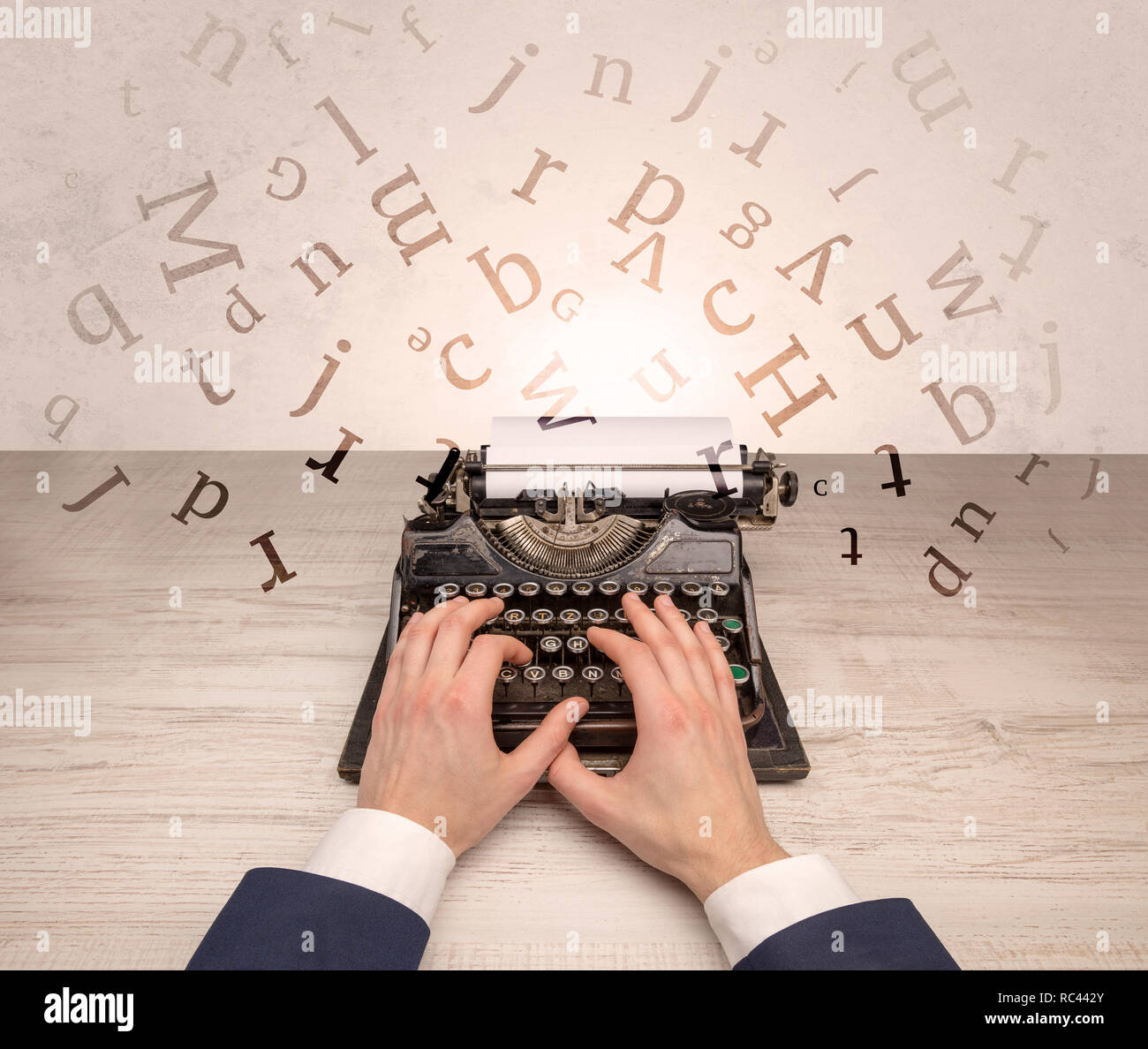 First person perspective elegant hand writing on typewriter with flying ...