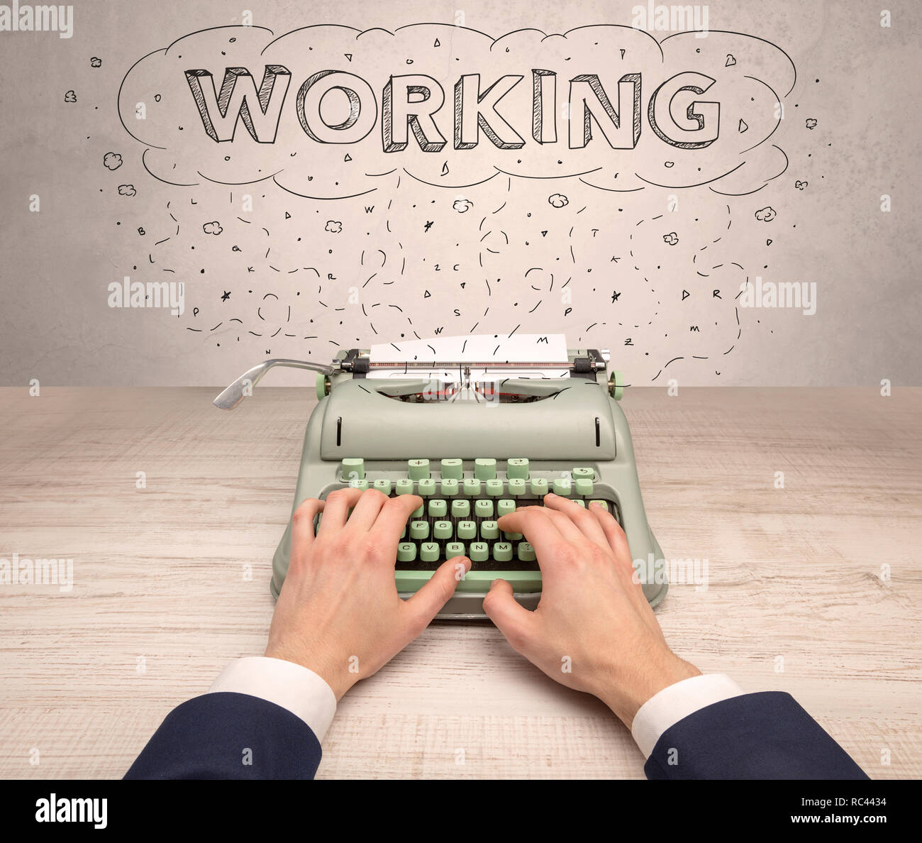 First person perspective hand writing on typewriter with cloud message ...