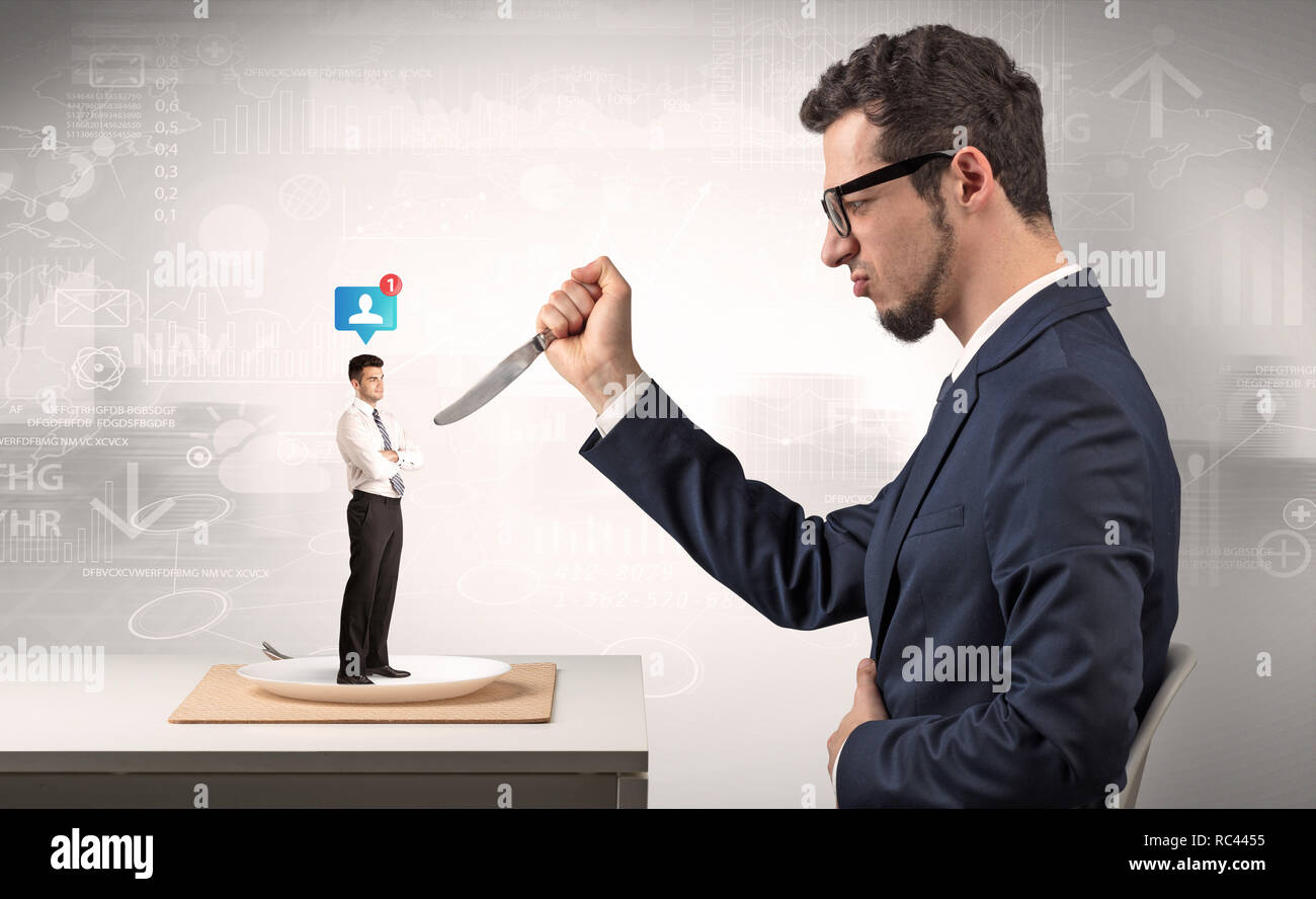 Giant businessman eating small man with financial background Stock ...