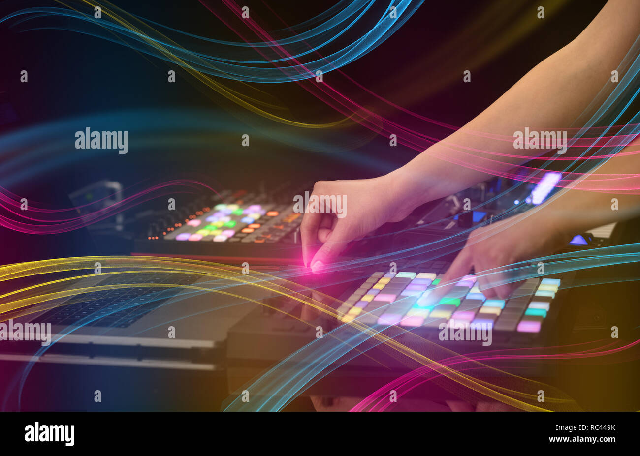 Hand mixing music on midi controller with colorful vibe concept Stock ...