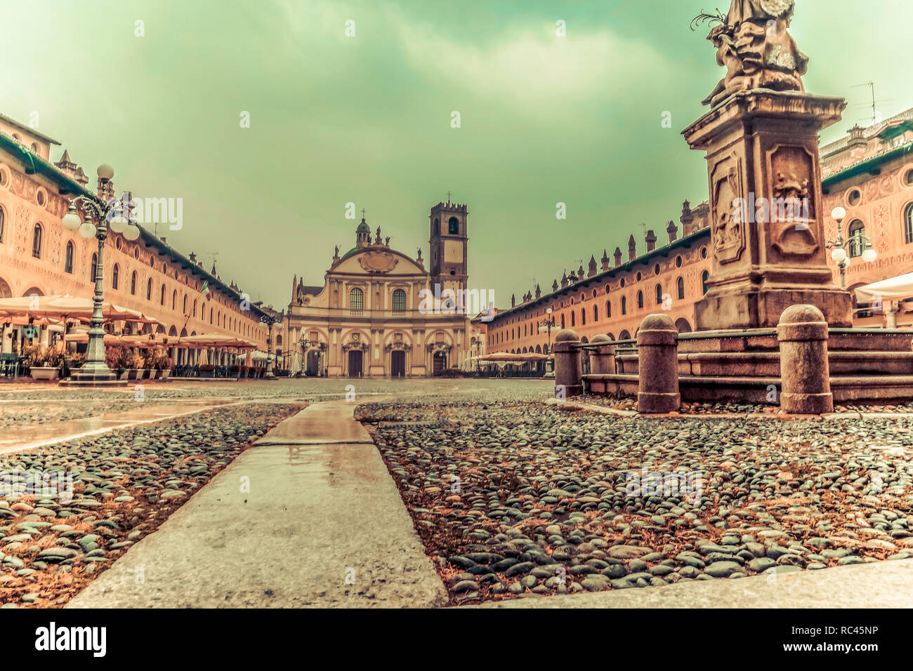The stunning Piazza Ducale in Vigevano in autumn while raining Stock ...