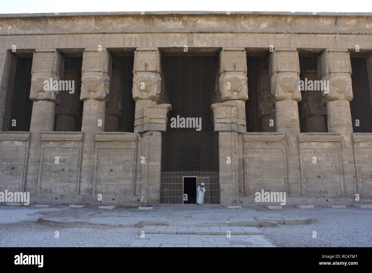 Egypt. Dendera. Hathor Temple. Facade held by six columns of Hathoric ...