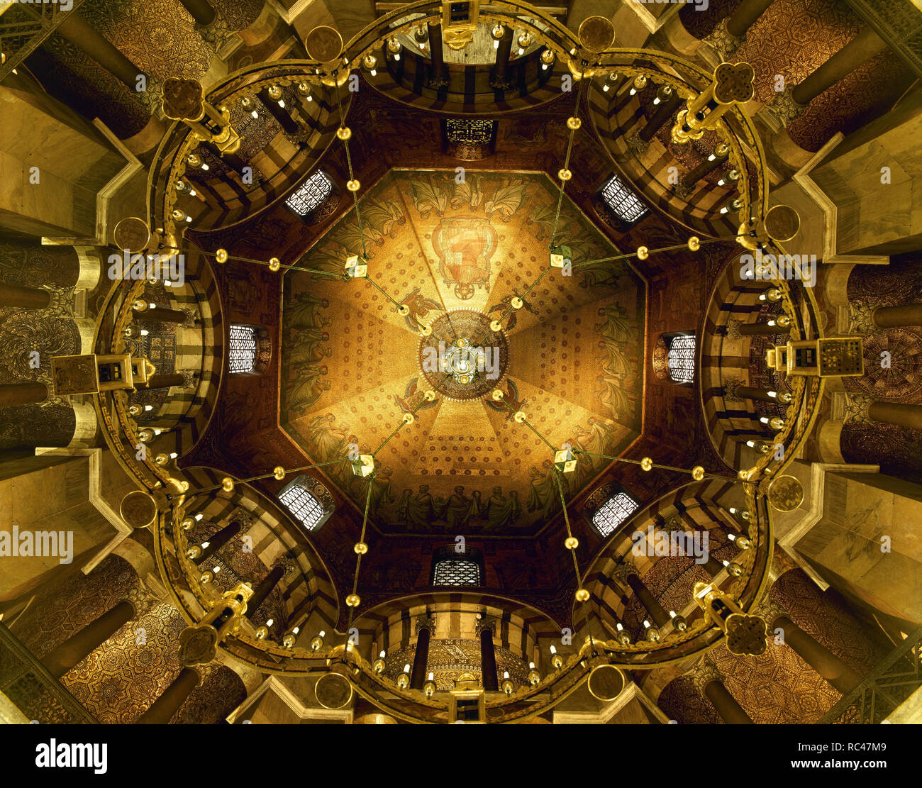 Aachen Cathedral. Palatine Chapel. Low-angle shot of the bronze ...