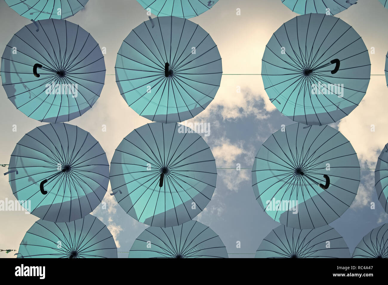 Blue umbrellas float in sky on sunny day. Umbrella sky project ...