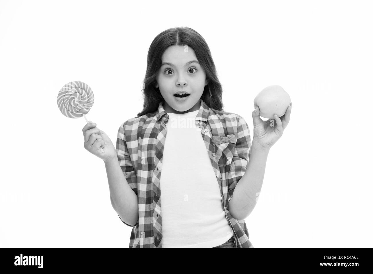 Can sugar sweet taste make us happy. Girl cute smiling face holds sweet ...