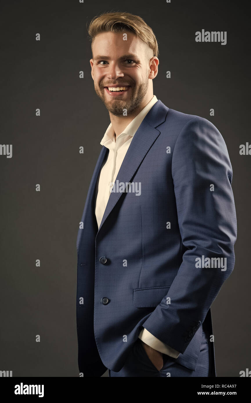 Man in formal outfit on grey background. Businessman or ceo fashion ...