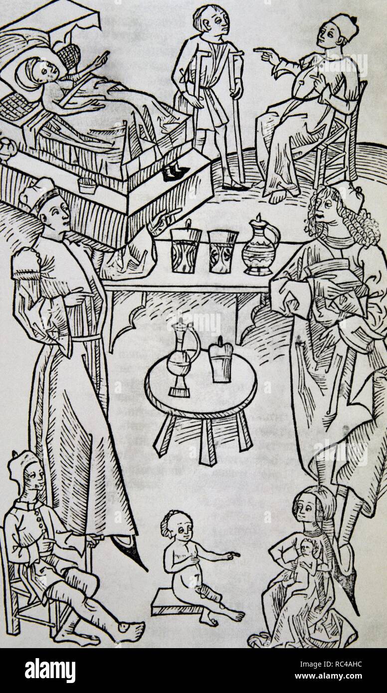 Medicine. Doctors visiting patients. 15th century. Woodcut in "Hortus ...