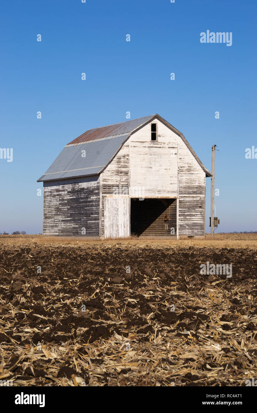 The old white barn in the rural countryside in the late afternoon light ...
