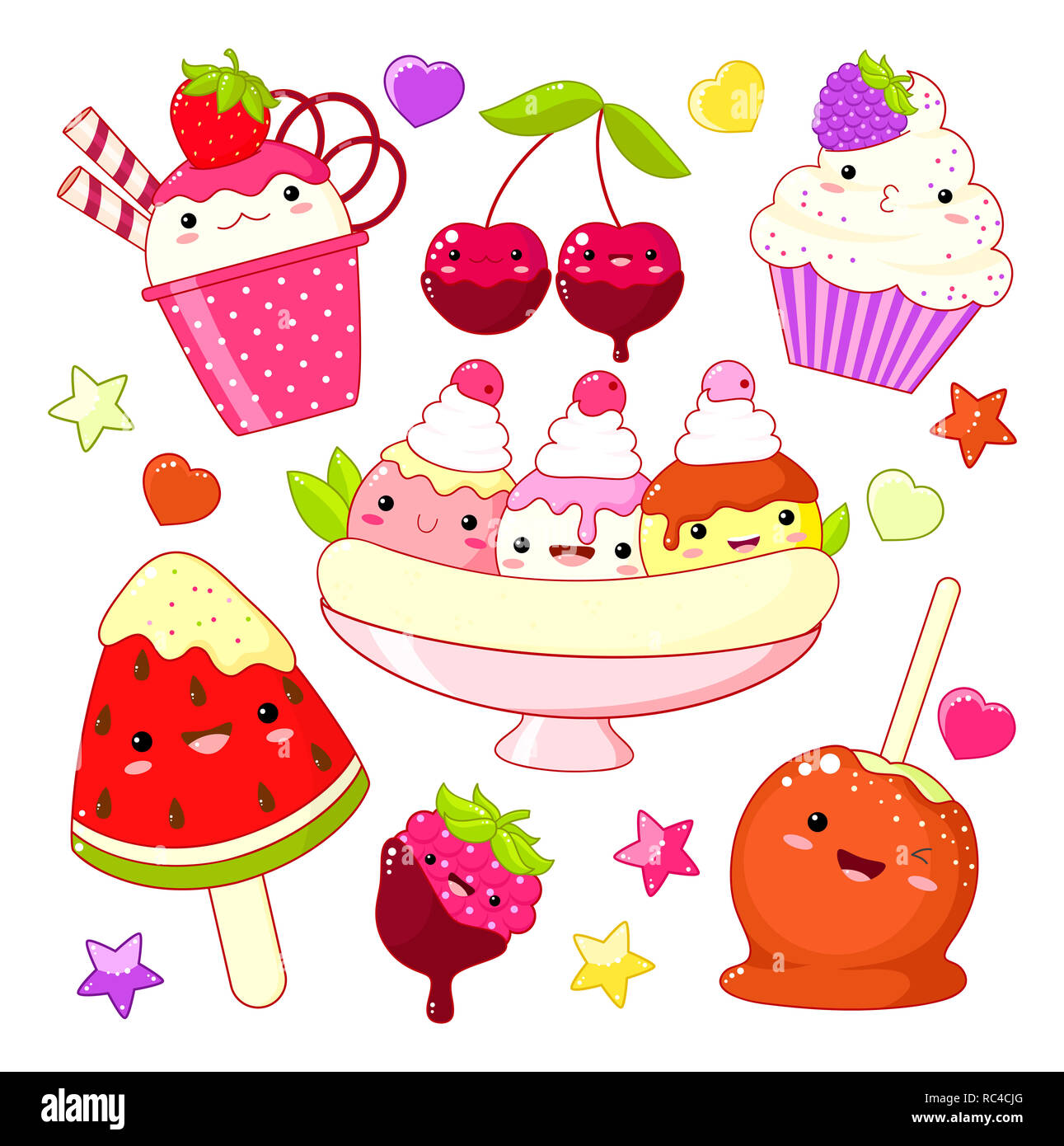 Set of cute sweet icons in kawaii style with smiling face and pink ...