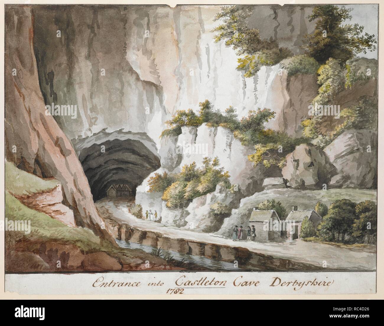 A view of the entrance to the Peak Cavern in Castleton; figures ...