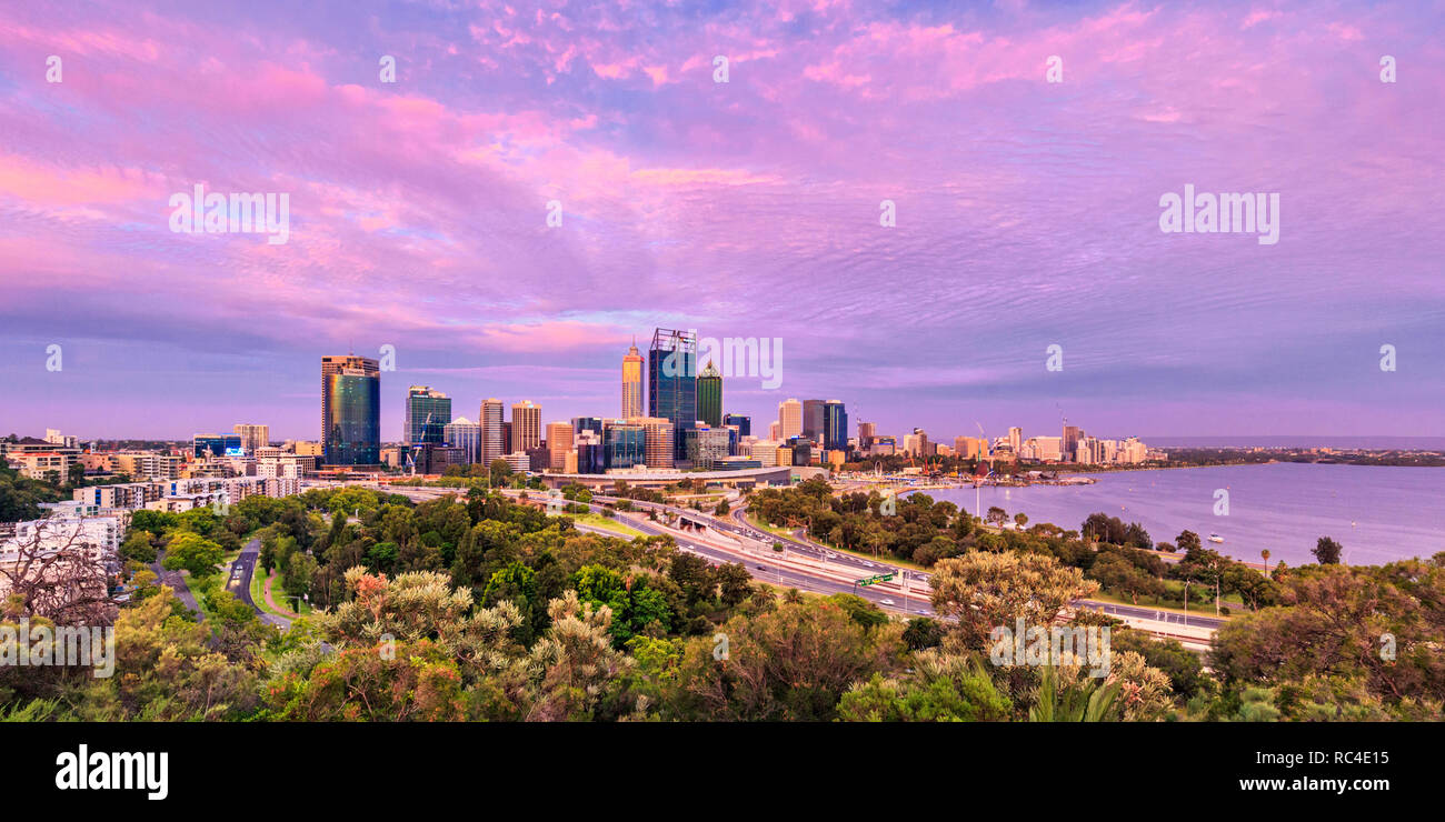 Perth, Western Australia. A view over Perth city skyline at sunset ...