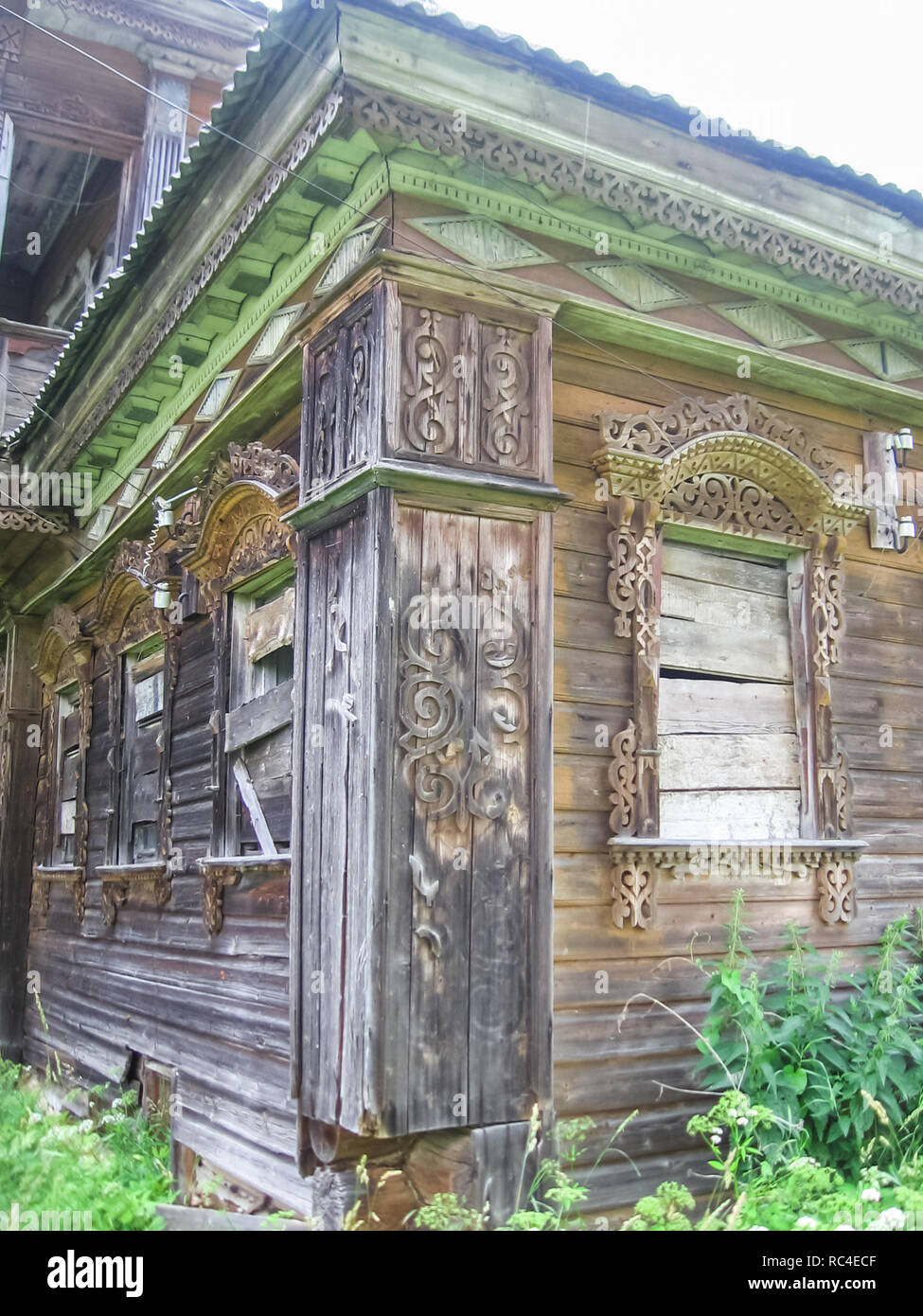Plinths of windows of wooden houses. Ancient style of decoration of ...