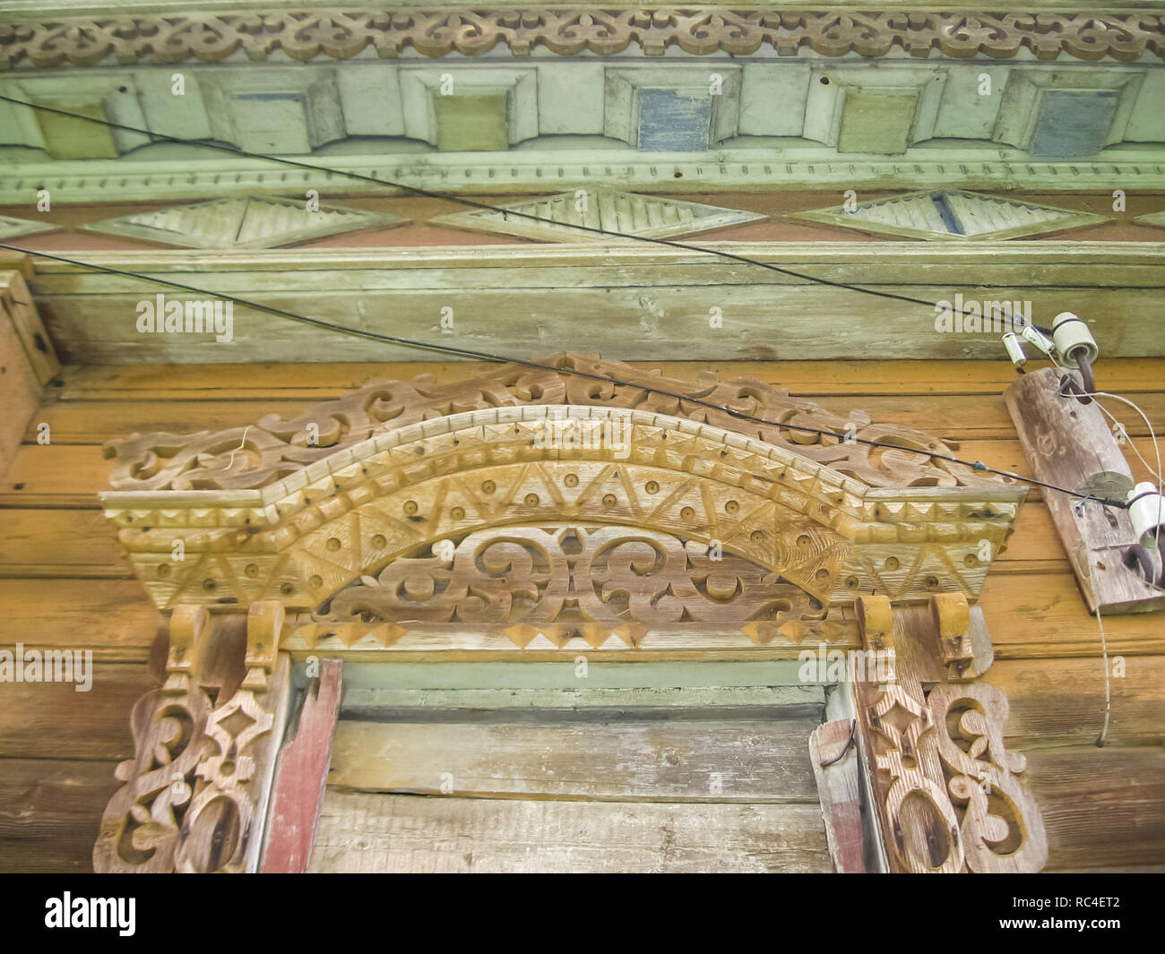 Plinths of windows of wooden houses. Ancient style of decoration of ...