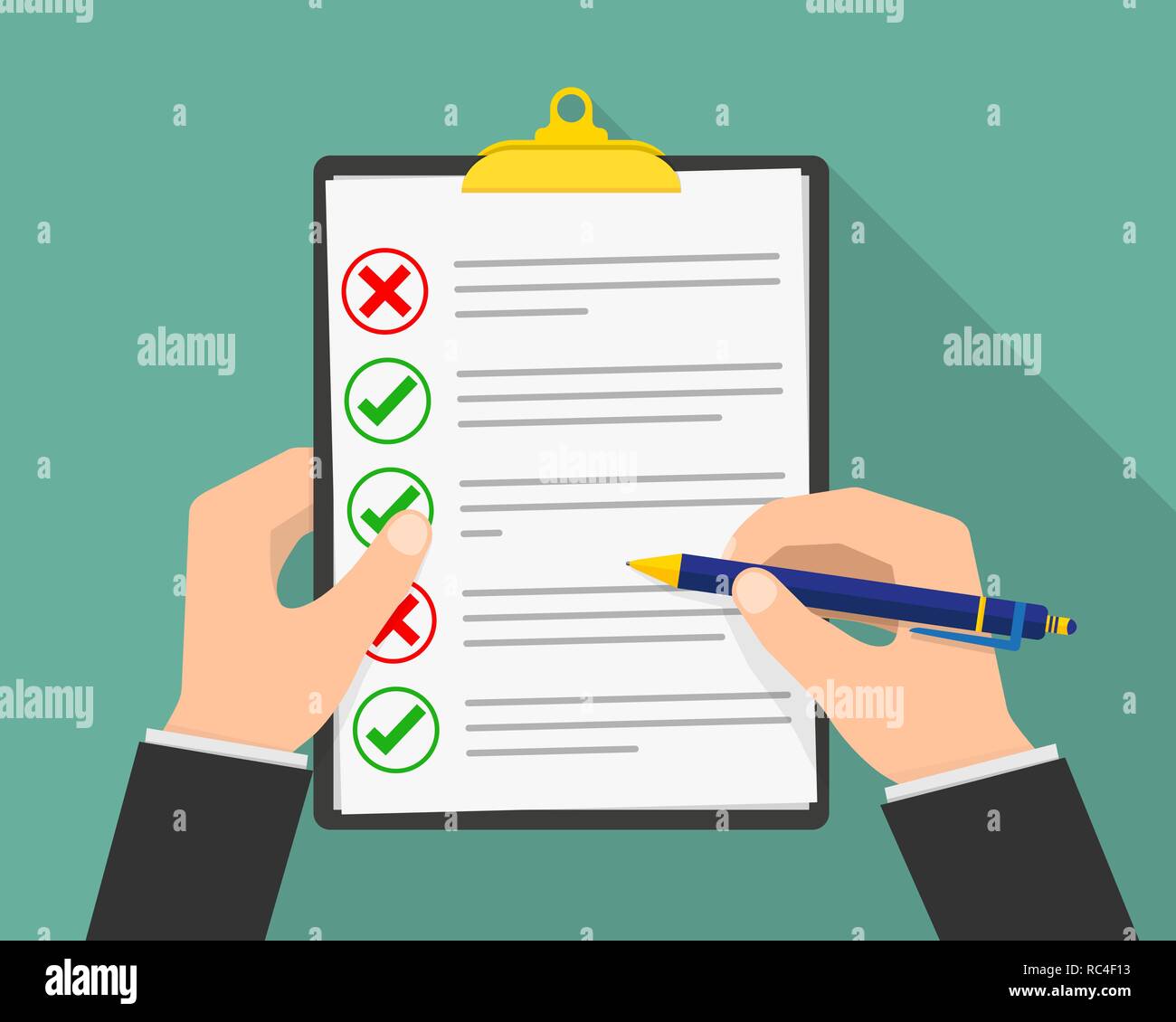 The paper checklist in the hand. Vector illustration. Report file in ...