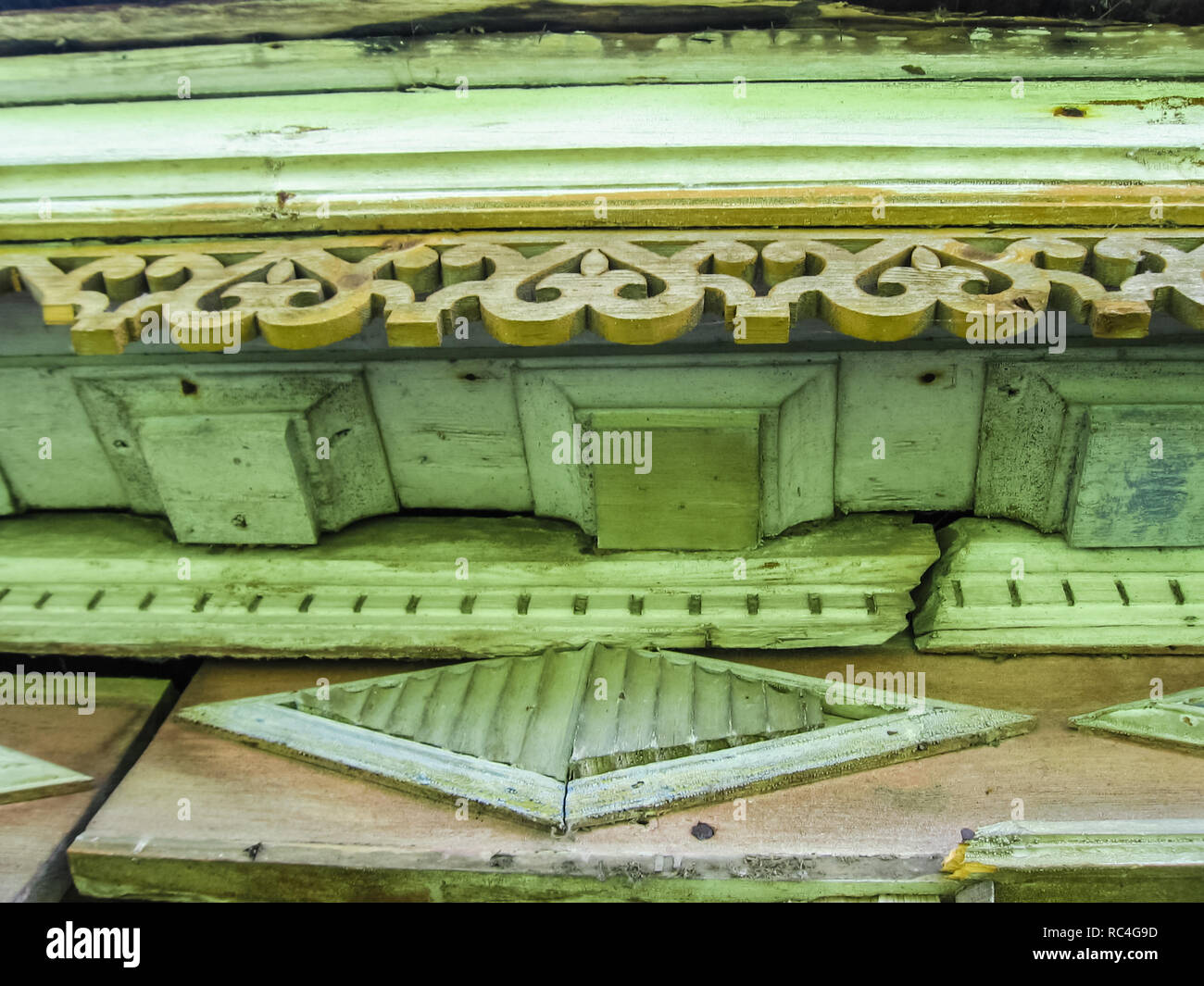 Plinths of windows of wooden houses. Ancient style of decoration of ...