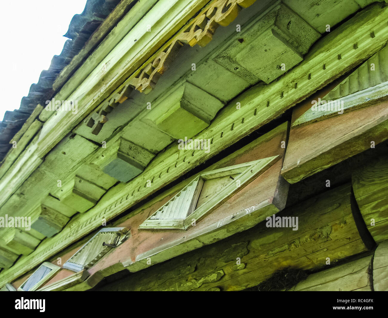 Plinths of windows of wooden houses. Ancient style of decoration of ...