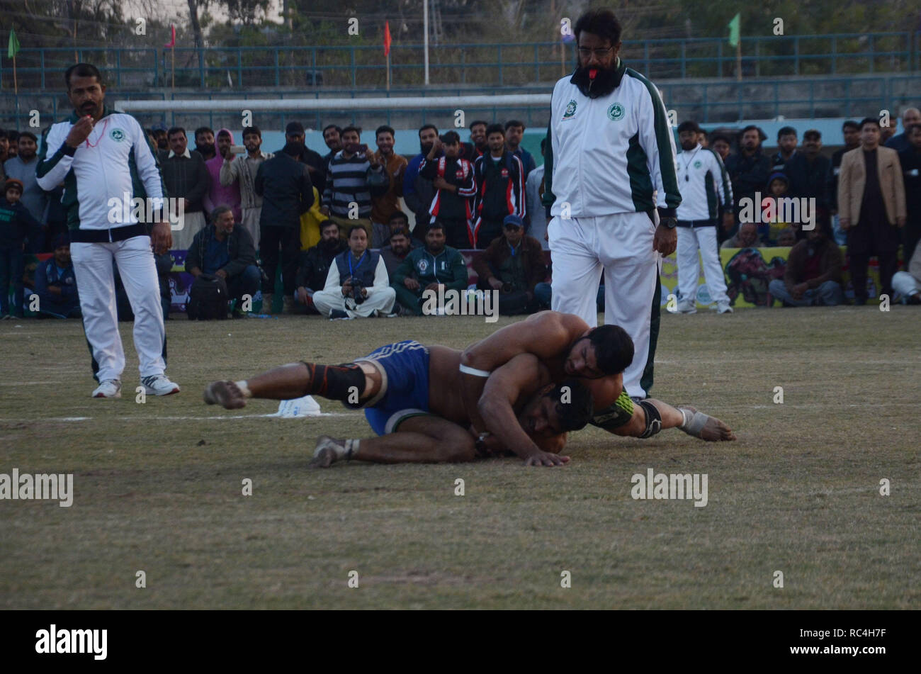 Lahore, Pakistan. 13th Jan, 2019. A view of Kabaddi final match between ...