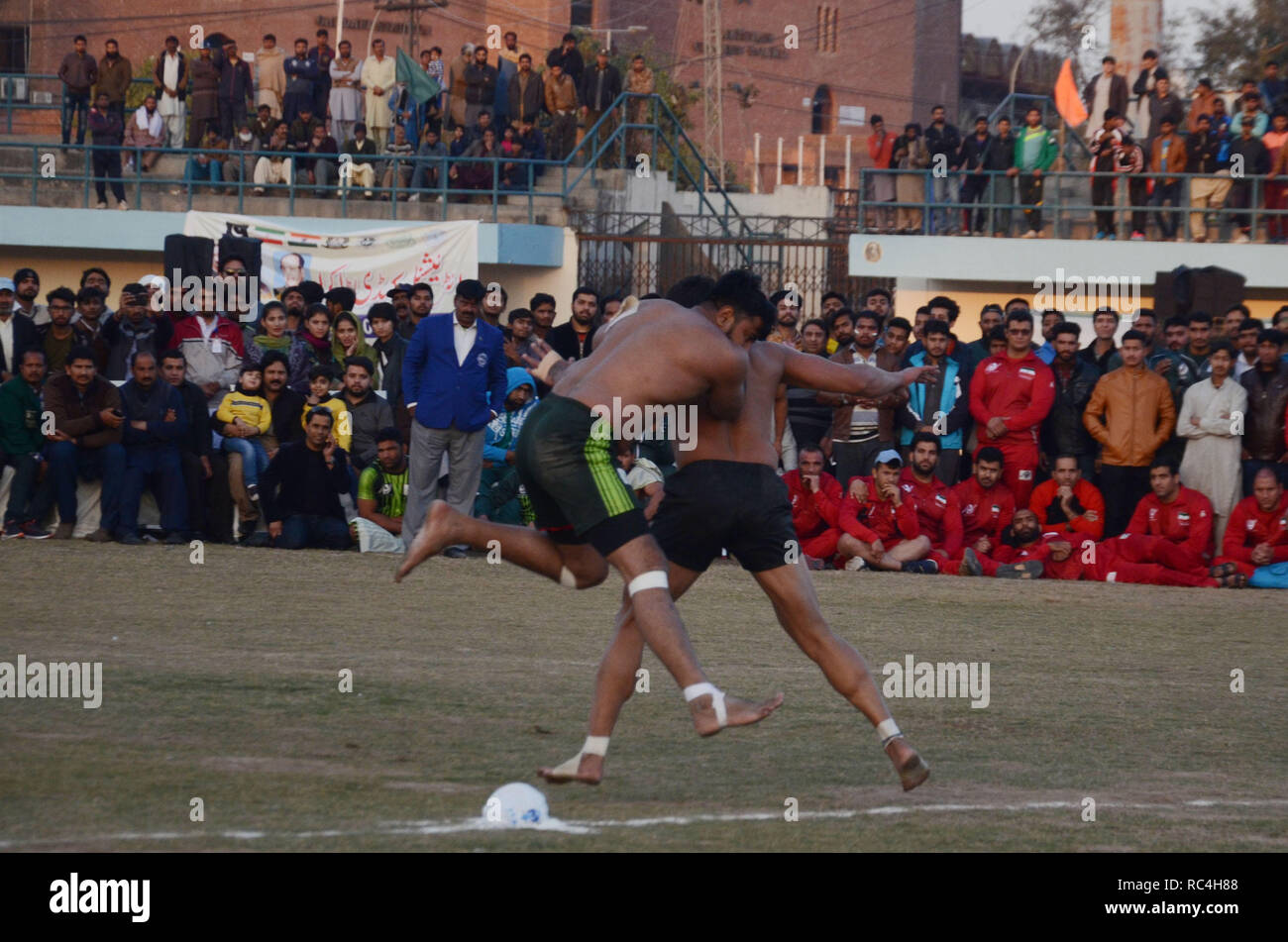 Lahore, Pakistan. 13th Jan, 2019. A view of Kabaddi final match between ...