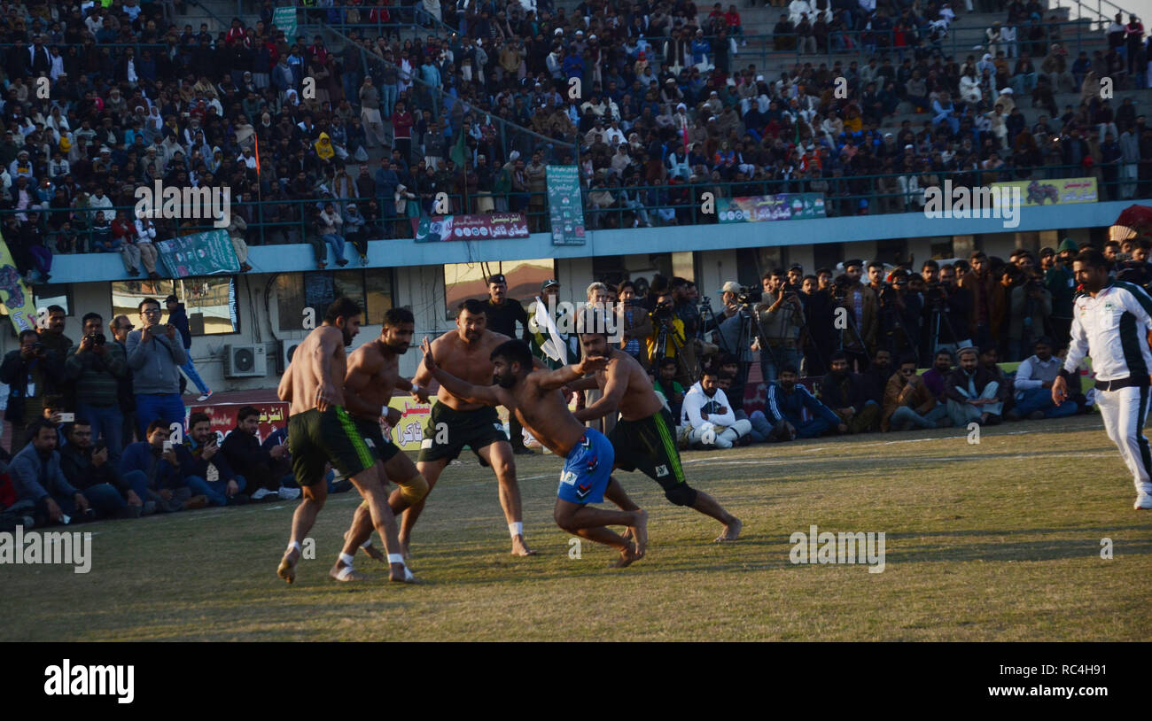 Lahore, Pakistan. 13th Jan, 2019. A view of Kabaddi final match between ...