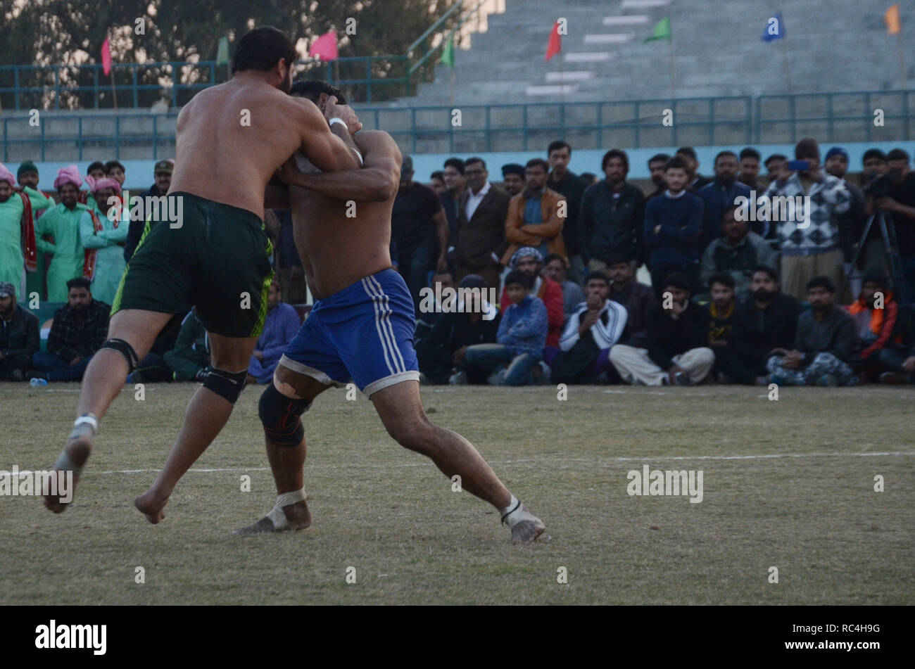 Lahore, Pakistan. 13th Jan, 2019. A view of Kabaddi final match between ...
