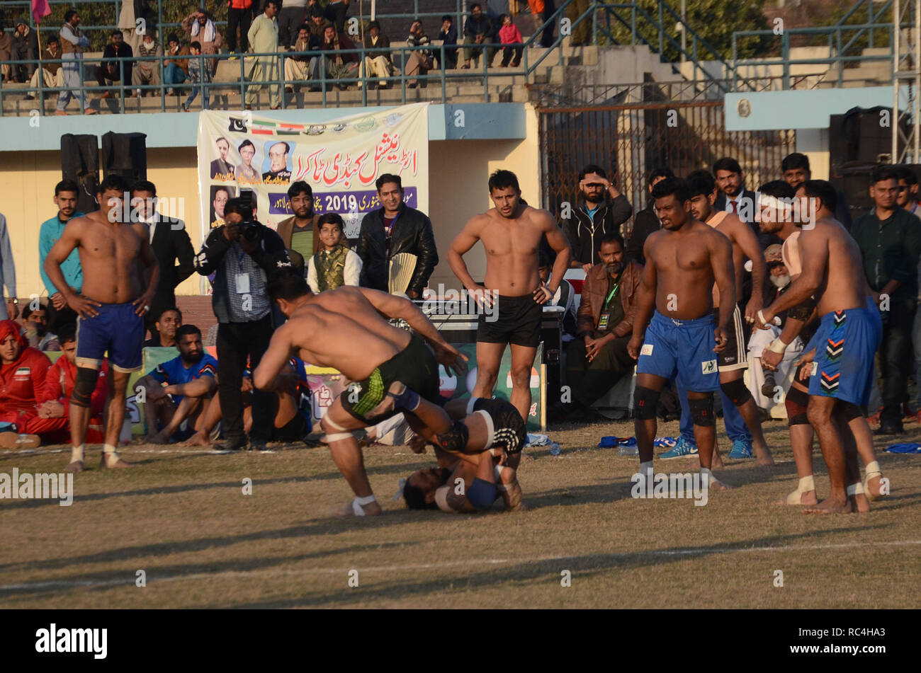 Lahore, Pakistan. 13th Jan, 2019. A view of Kabaddi final match between ...